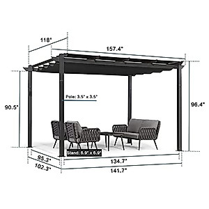 PURPLE LEAF Outdoor Retractable Pergola with Sun Shade Canopy 10' x 13' Patio Aluminum Pergola Shelter for Backyard Deck Garden Modern Metal Grill Gazebo, Gray