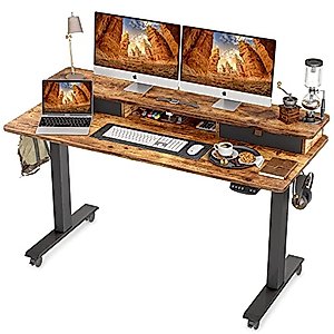 BANTI Electric Standing Desk with Double Drawers, 48x24 Inches Adjustable Height Stand Up Desk, Sit Stand Home Office Desk with Storage Shelf, Rustic Brown Top/Black Frame