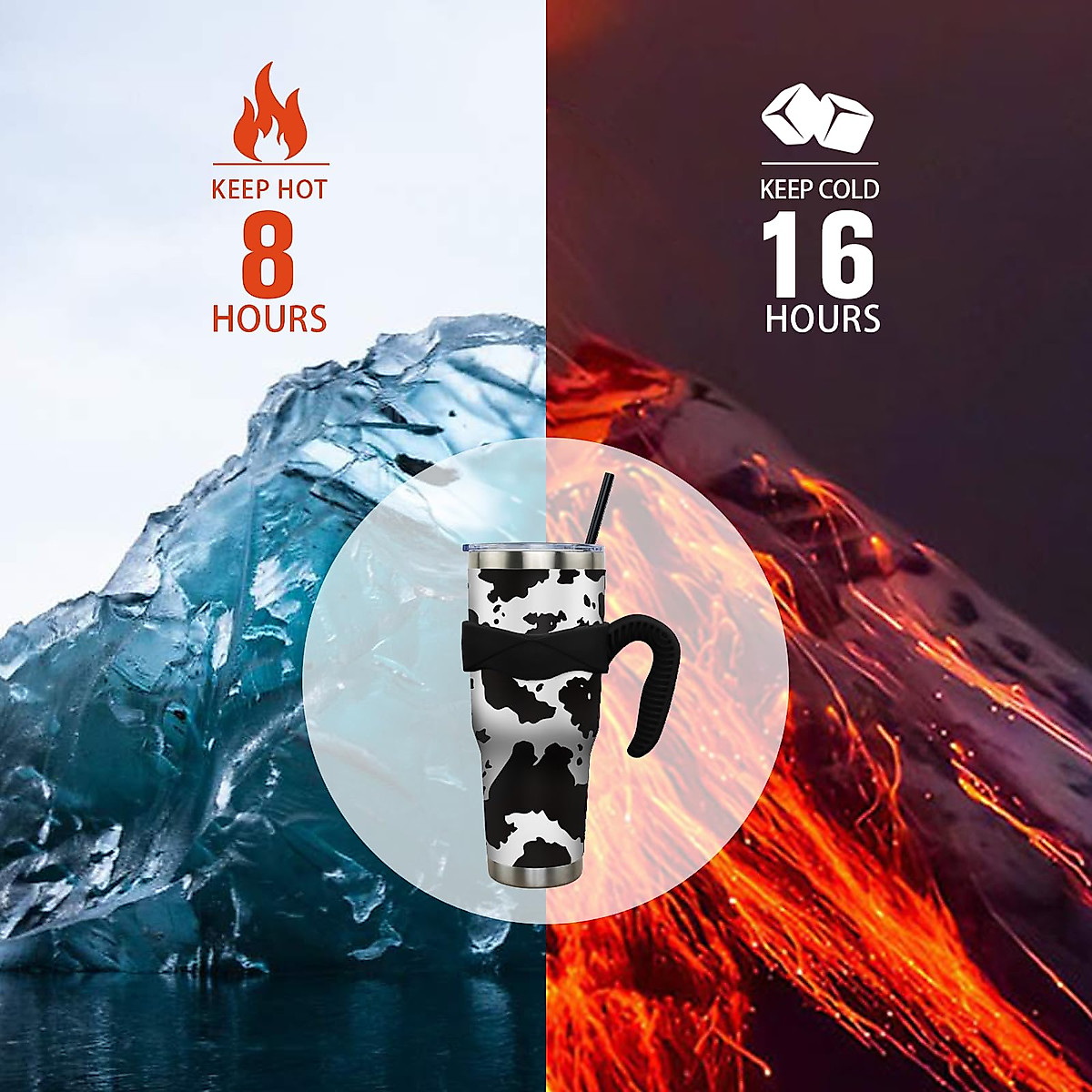 Exacmos 40 oz Tumbler with Handle and Straw 40 oz Cow Cup Insulated Stainless Steel Coffee Travel Mug Spill Proof Leak Proof Slim 40oz Tumbler with Handle Cow Decor Stuff Gifts for Women