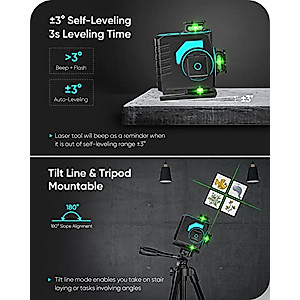 Laser Level Self Leveling 360 Green 4-Plane 4D 16 Line ACTBOT 10000mAh All-Inclusive Kit Swivel Level Line Laser with Pulse Mode Tilt Horizontal Vertical 4x360 Cross Line Remote Controller Switchable
