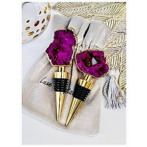 LUXE CRYSTAL CO. Handcrafted Purple Magenta Pink Agate Druzy Gold Natural Crystal Wine Champagne Stopper Handmade Bottle Barware Housewarming Bridal Shower (Pink)