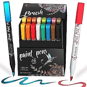 Acrylic Paint Pens Brush Tip, 8 Metallic & 8 Basic Colors Acrylic Paint Markers. Set for Rock Painting, Calligraphy, Scrapbooking, Brush Lettering, Card Making, Sketching, Black Paper, DIY Photo Album