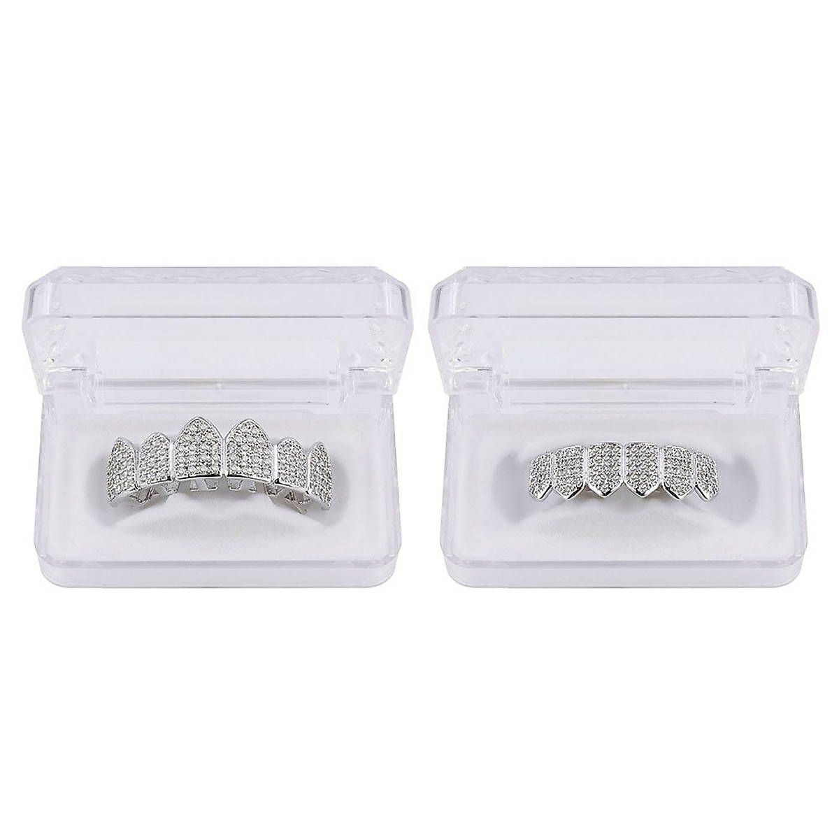 JINAO Diamond Grillz 18K Gold Plated Grills for Your Teeth Macro Pave CZ Iced Out Grill for Men Women With Extra Molding Bars Included (Silver set)