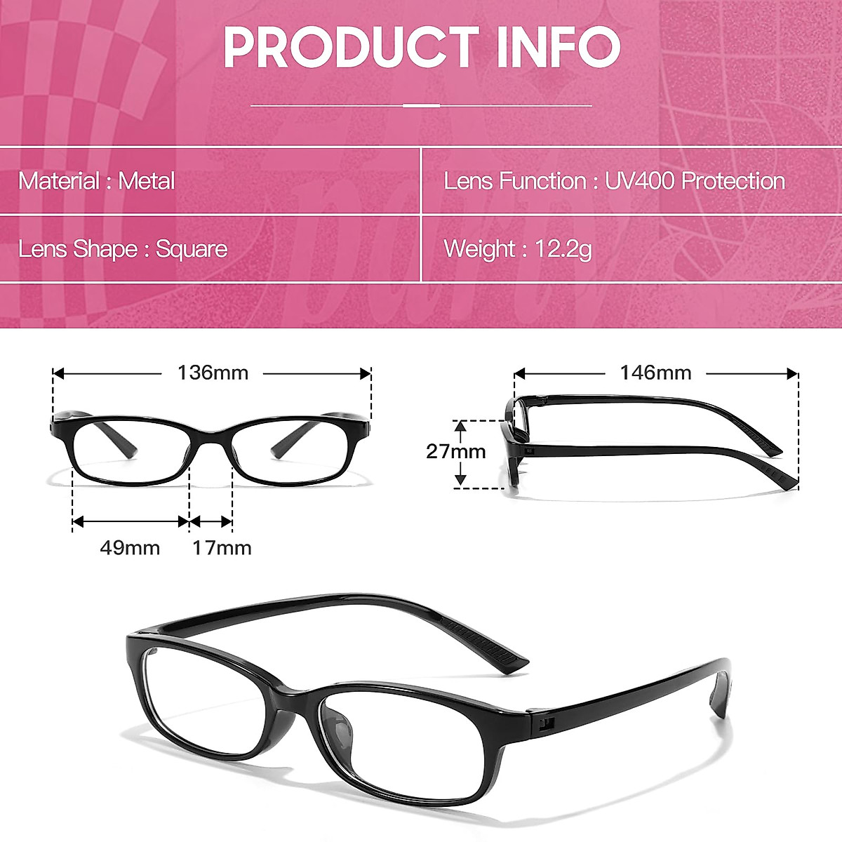 SODQW Fashion Fake Glasses Rectangular Y2k Small Eyewear Frame for Women Cosplay Glasses