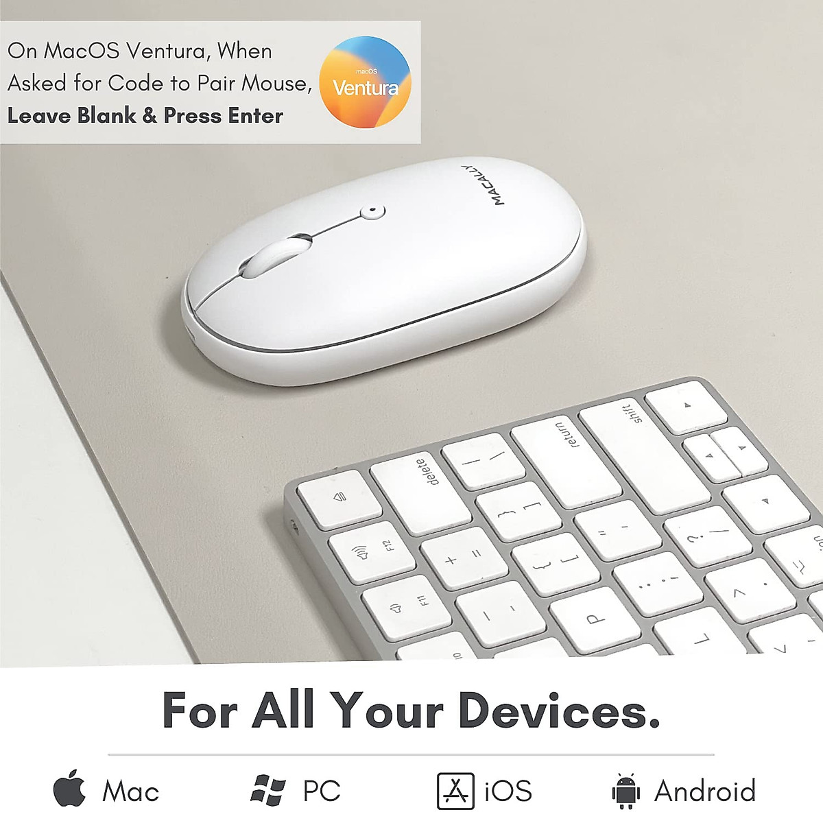 Macally Wireless Bluetooth Mouse - Strong Connection - Quiet, Comfortable, Rechargeable Mouse for MacBook Air/Pro, Mac, iMac, Apple iPad - Wireless Mouse for Laptop, Windows PC Desktop