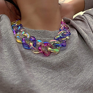 Xerling Colorful Rainbow Acrylic Link Chain Necklace Punk Chunky Boho Iridescent Necklace for Women Teen Girls Multi-Colored Curb Chain Choker for Party Modern Necklace