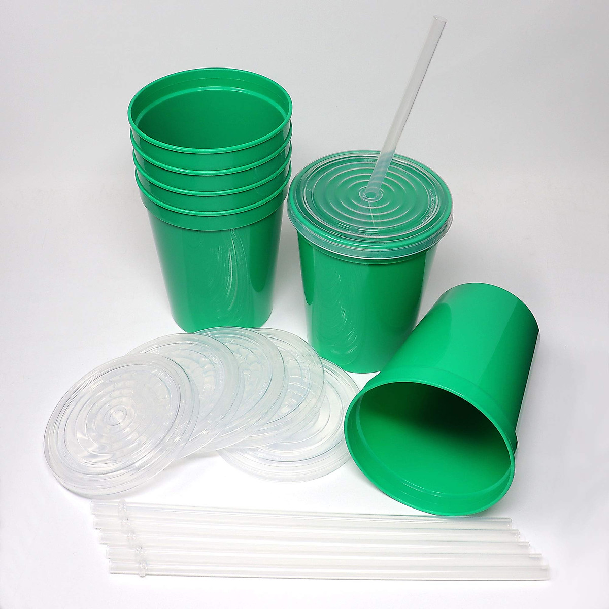 Rolling Sands 16 Oz. Reusable Plastic Stadium Cups with Lids, 6 Pack, USA Made Plastic Tumblers and Lids, Includes 6 Reusable Straws; Dishwasher Safe, Green
