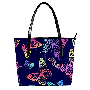 Women Tote Shoulder Bag, Colorful Butterflies Leather Work Handbag with Zipper for Teens College Students