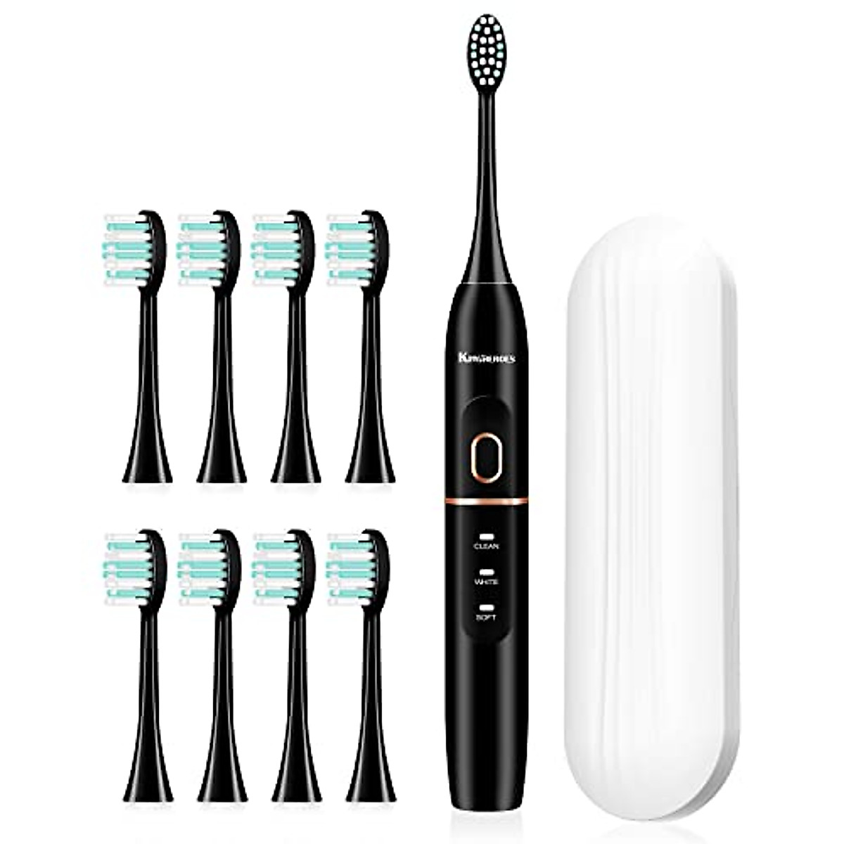 kingheroes Sonic Electric Toothbrush with 8 Brush Heads & Travel Case，4 Modes, One Charge for 60 Days, 42000 VPM Motor，Black Electric Toothbrush Set