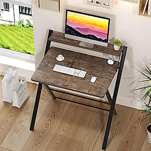 GreenForest Folding Desk No Assembly Required Small Size, 2-Tier Foldable Computer Desk with Shelf for Home Office, Space Saving Portable Laptop Study Foldable Table for Small Spaces, Brown