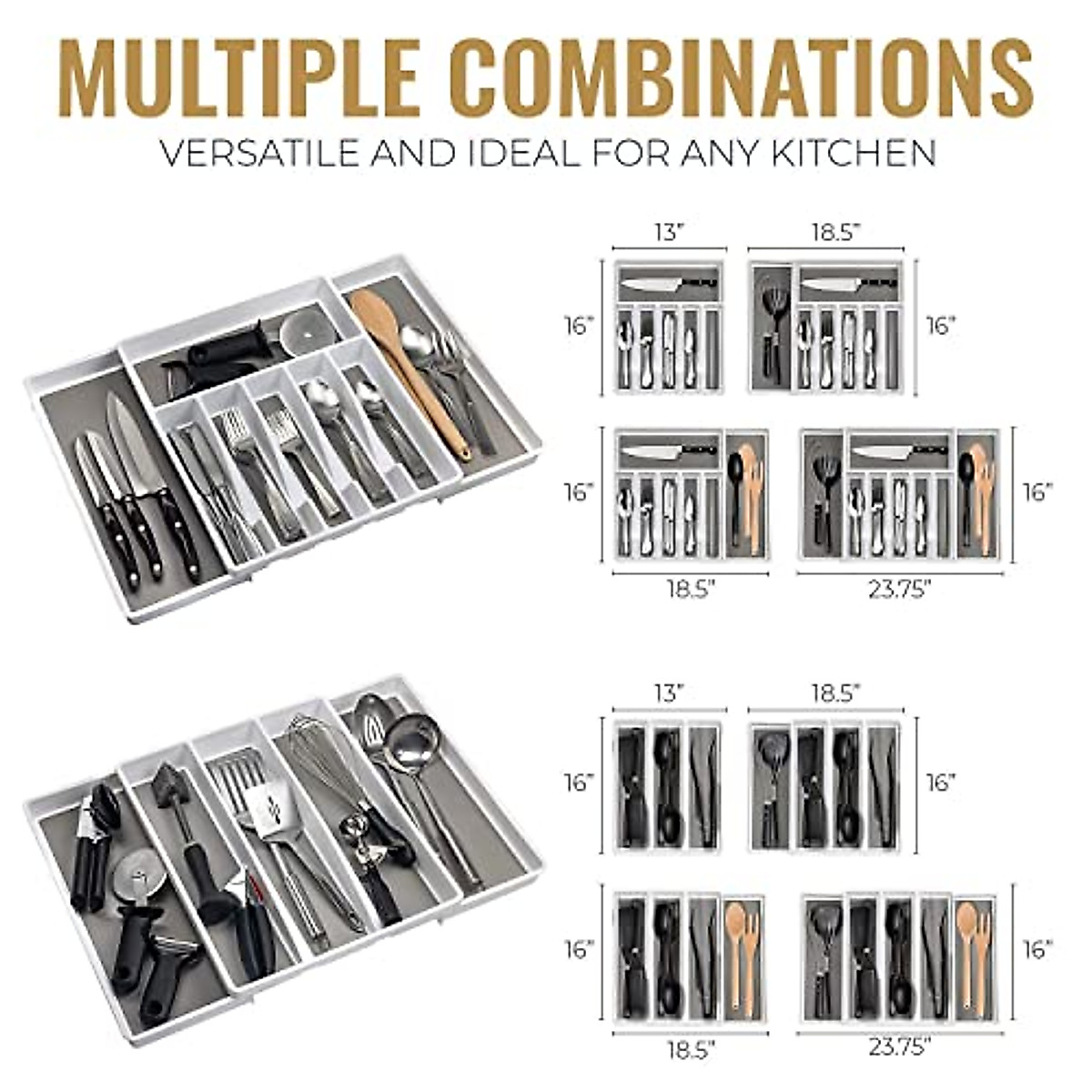 ELTOW Expandable Silverware Drawer Organizer & Utensil Tray Set, Non-Slip Kitchen Drawer Organizers and Storage, Kitchen Organization for Utensils, Cutlery, Office Supplies, Flatware Storage - White