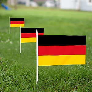 Anley Germany Mini Flag 12 Pack - Hand Held Small Miniature German Flags on Stick - Fade Resistant & Vivid Colors - 5x8 Inch with Solid Pole & Spear Top