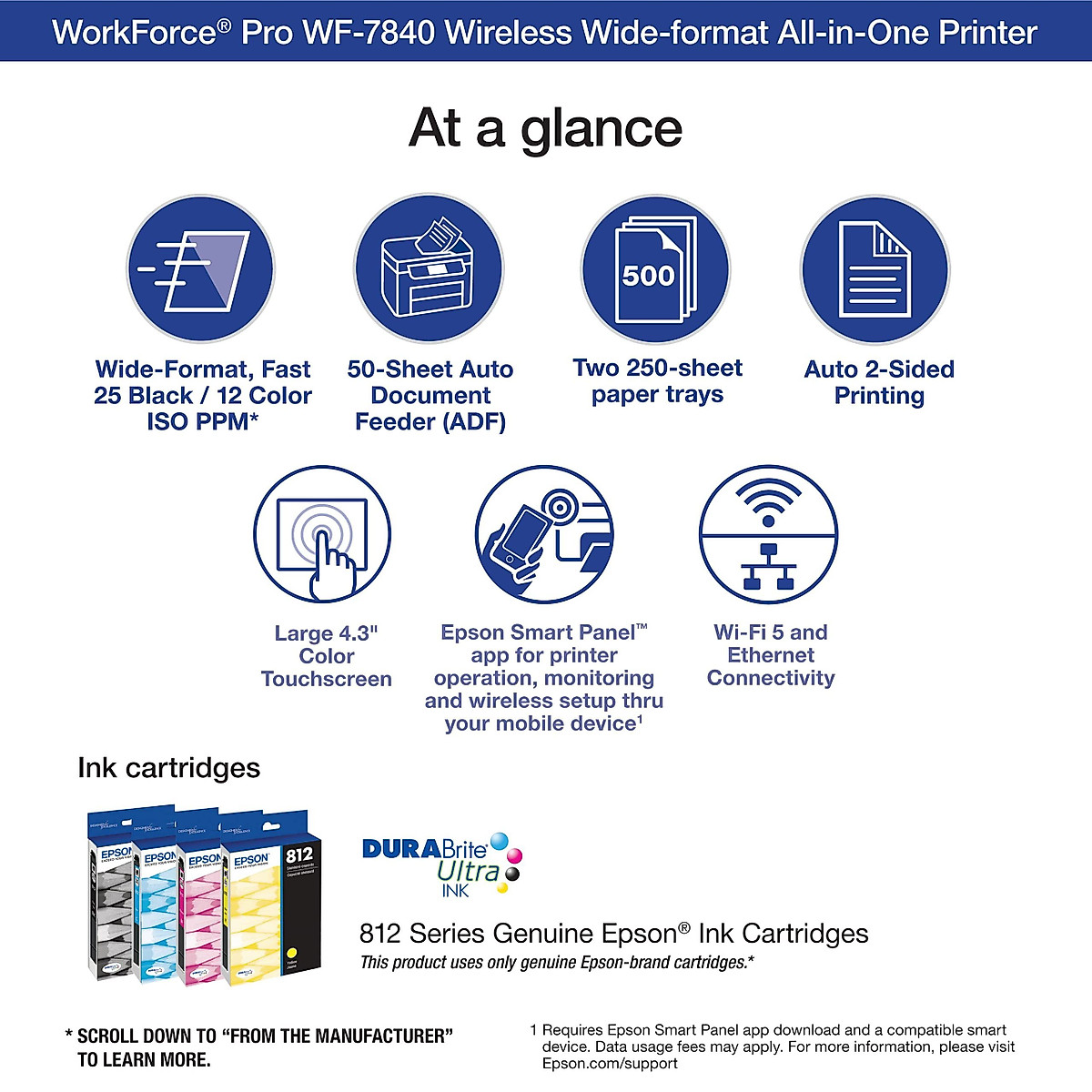 Epson Workforce Pro WF-7840 Wireless Wide-Format All-in-One Color Inkjet Printer, Black - Print Scan Copy Fax - 4.3" LCD, 25 ppm, 4800x2400 dpi, 13"x19", 50-Sheet ADF, Auto 2-Sided Printing, Ethernet