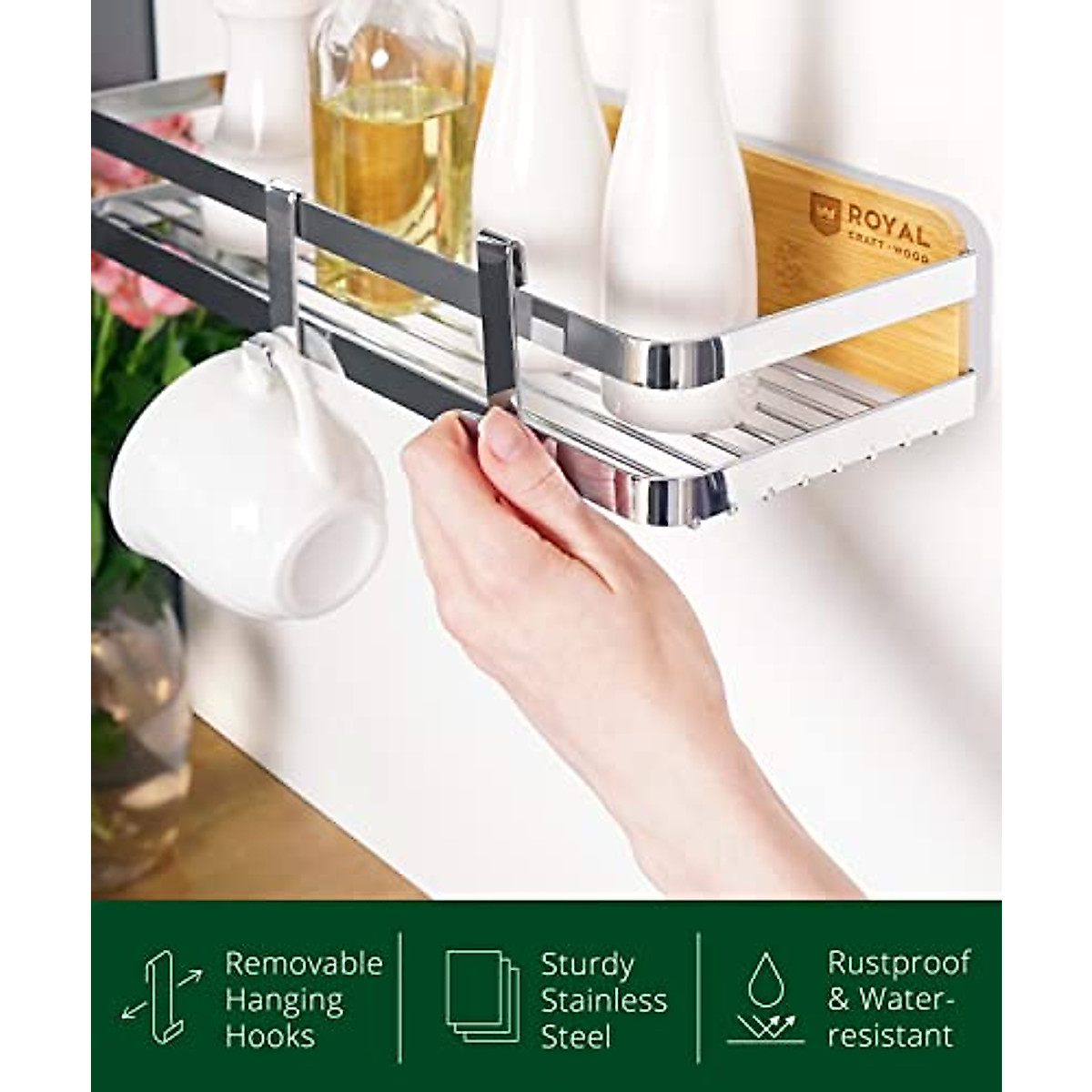 ROYAL CRAFT WOOD Bathroom Shower Caddy Organizer & Bath Product Holder for Wall - Self Adhesive Over The Toilet Storage Shower Shelves for Inside Shower - Shower Storage Suction Rack (2-Pack)