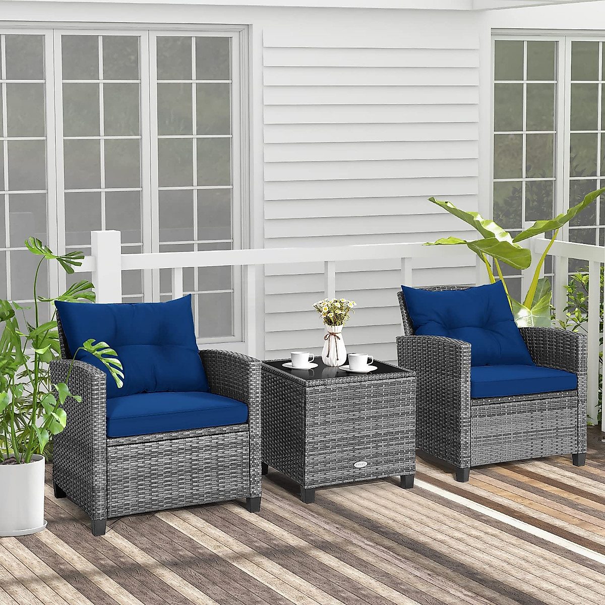 Tangkula 3 Pieces Patio Furniture Set, Outdoor PE Rattan Conversation Chair Set with Tempered Glass Side Table and Removable Cushions, PE Wicker Chairs and Table Set for Porch, Balcony and Garden