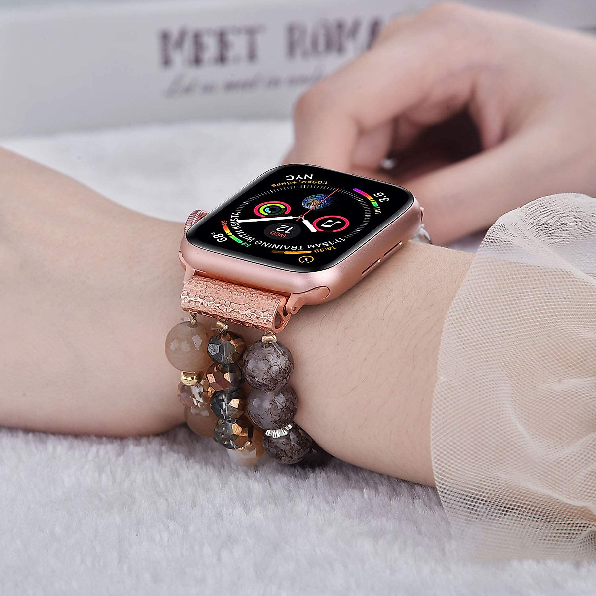 CAGOS Bracelet Compatible with Apple Watch Band 38mm 40mm 41mm Series 9/8/7/6/5/4/3/2/1/SE, Cute Dressy Boho Beaded Elastic Stretchy Pretty Strap Replacement for iWatch Bands Women, Amber