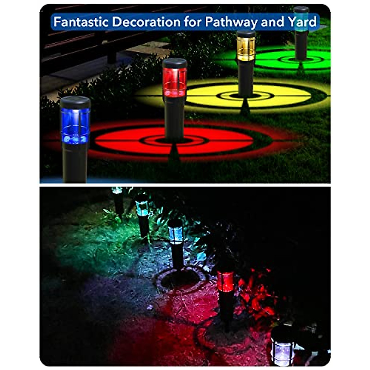 MUSCLE LIGHTING Solar Pathway Lights Bollard, 7 Color Changing/Warm White Landscape Path Light, Outdoor Waterproof Garden Light for Patio, Yard, Driveway, Pack of 6