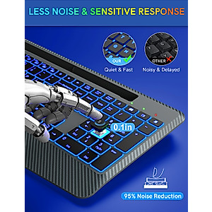 Trueque Wireless Keyboard with 7 Colored Backlits, Wrist Rest, Phone Holder, Rechargeable Ergonomic Computer Silent Keys, Full Size Lighted for Windows, MacBook, PC, Laptop (Gray), Grey