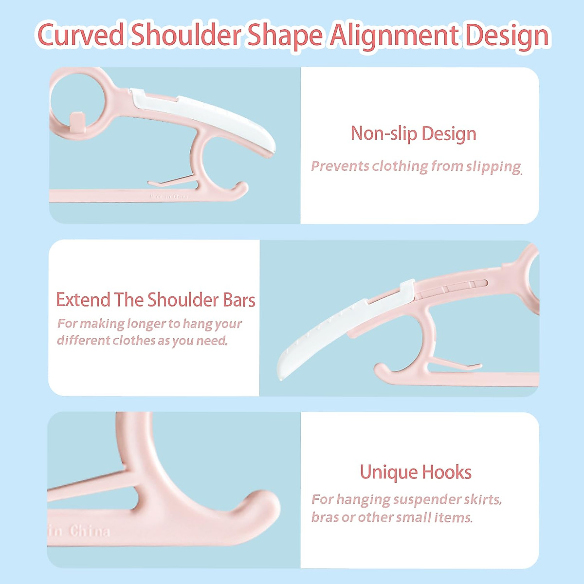 ManGotree Baby Hangers for Nursery Closet, 11''-14.5'' Adjustable Non-Slip Kids Hangers, Space Saving Stackable Plastic Hangers for Baby Toddler Children Kids Teen (20 Pack, Pink)