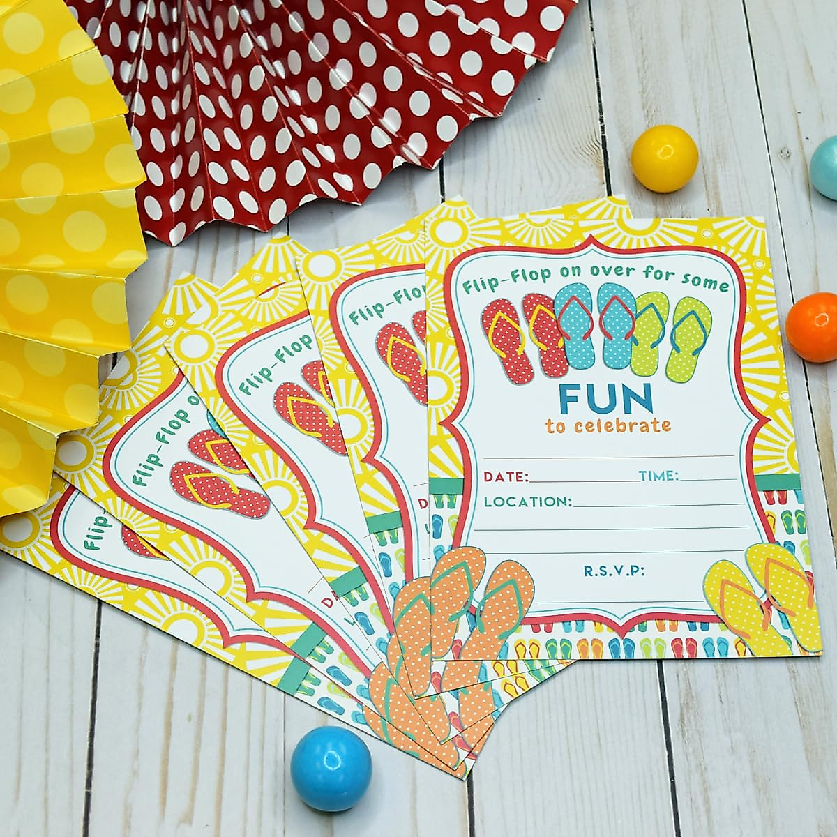 Amanda Creation Flip Flop Birthday Party Fill In Invitations set of 20 with envelopes. Perfect for Summer parties, graduation, family reunions, barbeques and more