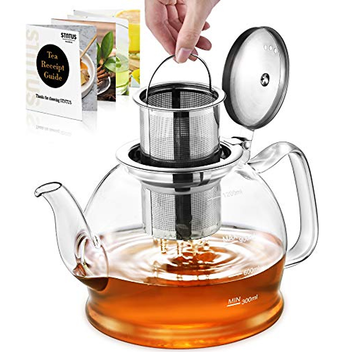 STNTUS Glass Teapot, 40 oz. / 1200 ml Teapot, Glass Tea Pot for Loose Tea, Glass Teapot with Infusers for Loose Tea, Tea Pot for Stove, Teapot with Stainless Steel Strainer, Teapot for 4-6 Cups