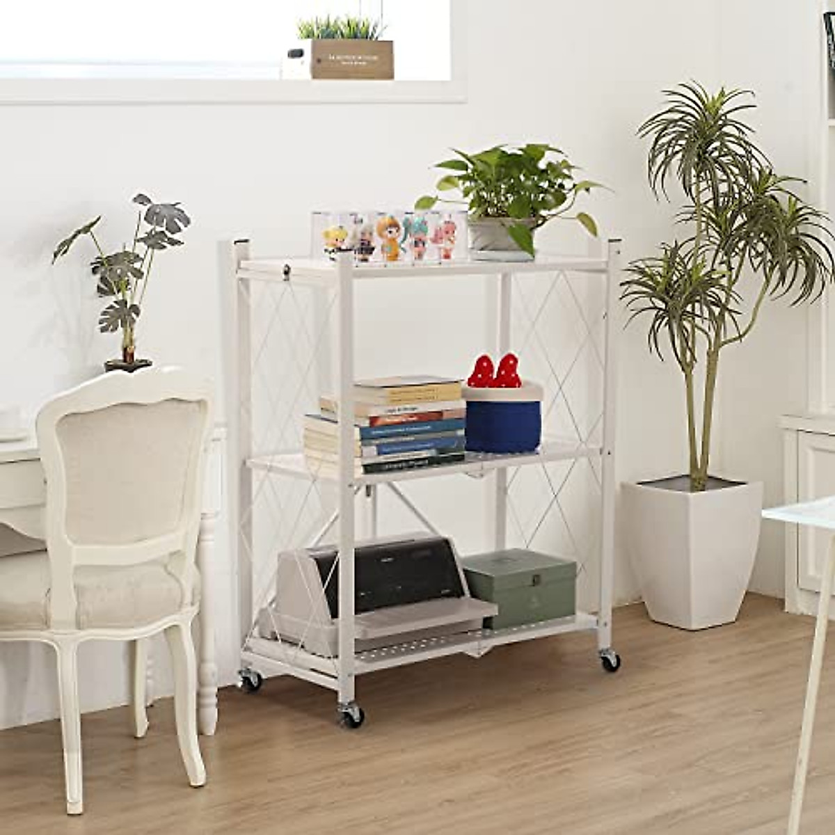 nisboigr 3 Tier Storage Shelves,Folding Storage Shelf with Wheels,Heavy Duty Metal Shelf,Garage Storage Shelf,Metal Rack,White