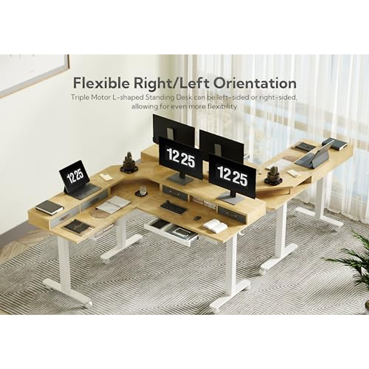 INNOVAR Triple Motor L Shaped Standing Desk with Drawers, Solid Wood Adjustable Corner Stand Up Desk, 63" Electric Standing Desk for Home Office, White Frame/Nature Top