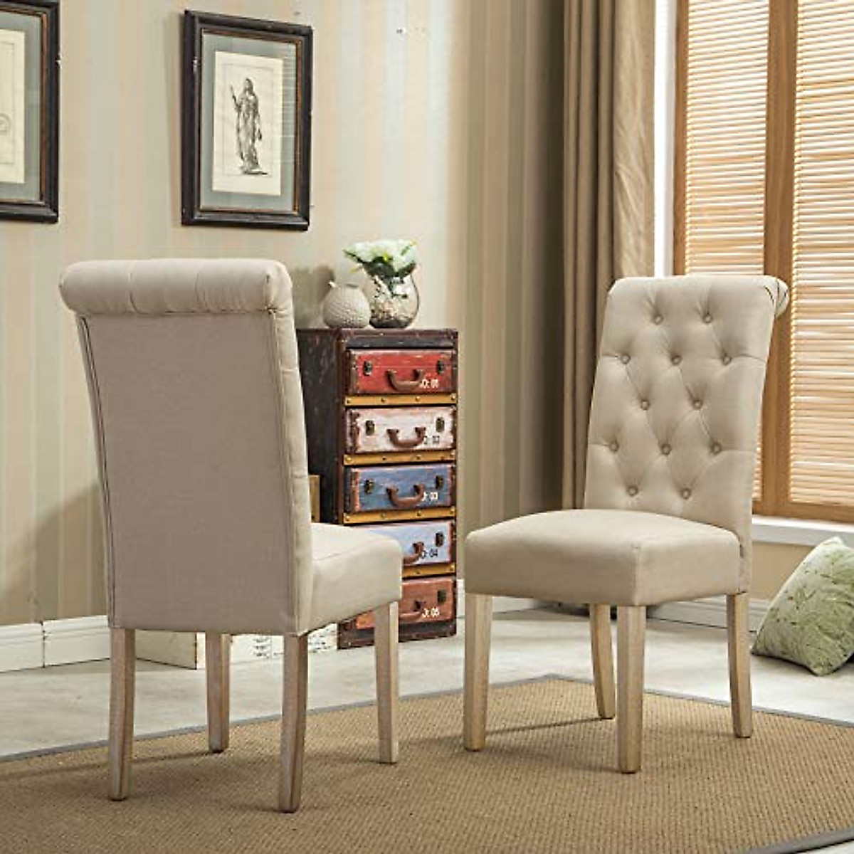Roundhill Furniture Habit Solid Wood Tufted Parsons Dining Chair (Set of 2), Tan