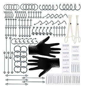 Aumeo 140PCS Stainless Steel Body Piercing Kit 14G 16G 20G Piercing Needles Belly Button Rings Tongue Tragus Cartilage Helix Daith Rook Earring Lip Eyebrow Nose Rings Body Jewelry Tool