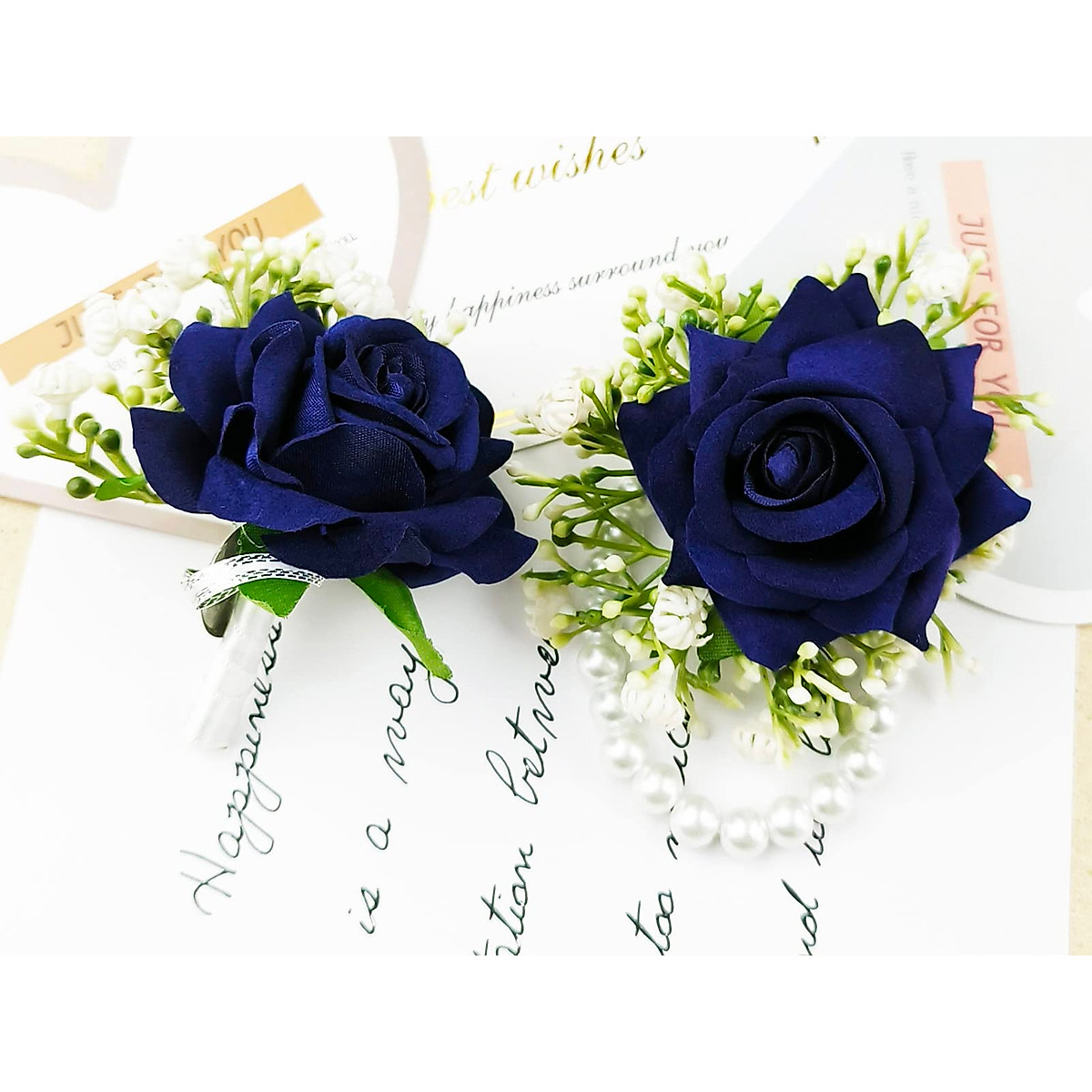 MAFELOE 2Pcs of Wrist Corsage and Boutonniere Set, Artificial Flowers Accessories Suit Decor for Wedding Prom Party Homecoming Ceremony Anniversary - Navy Blue