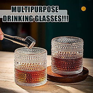 wookgreat Drinking Glasses, 8 pcs Embossed Designed Glass Cups-4 Highball Glasses 15oz & 4 Rocks Glasses 13oz, Mojito Cups, Mixed Drink Cocktail Glass, Bar Glassware for Cocktail, Beer, Whiskey