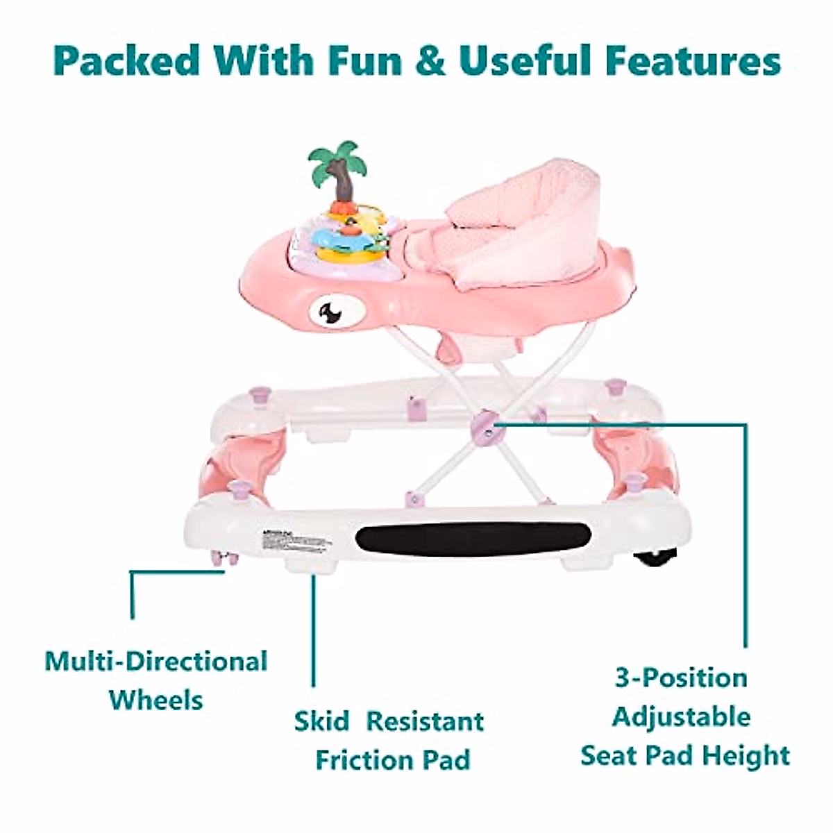 Dream on Me 2-in-1 Aloha Fun Baby Walker in Pink, Easily Convertible Baby Walker, Adjustable Three Position Height Settings, Easy to Fold and Store