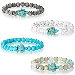 Bonuci Turtle Bracelet 4 Pieces Sea Turtle Beads Ocean Bracelets Natural Stone Turquoise Stretch Bracelet Turtle Bracelet Gifts for Women Men