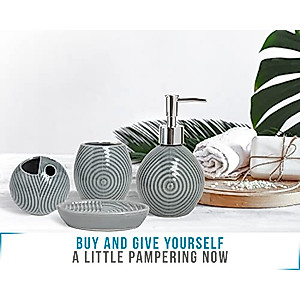 Designer 4-Piece Bathroom Accessory Set – Ceramic Bath Set w/Liquid Soap or Lotion Dispenser, Toothbrush Holder, Tumbler and Soap Dish – Decorative Set w/Embossed Details – Modern Vanity Accessories