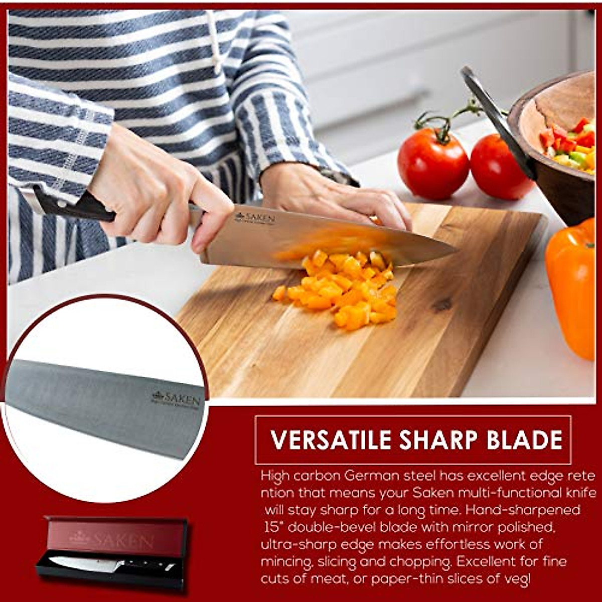 Saken 8-Inch Chef’s Knife - High-Carbon German Steel Chef Knife with Ergonomic Wooden Handles - Professional Multipurpose Kitchen Knife for Slicing, Chopping, Mincing, Deboning, And More