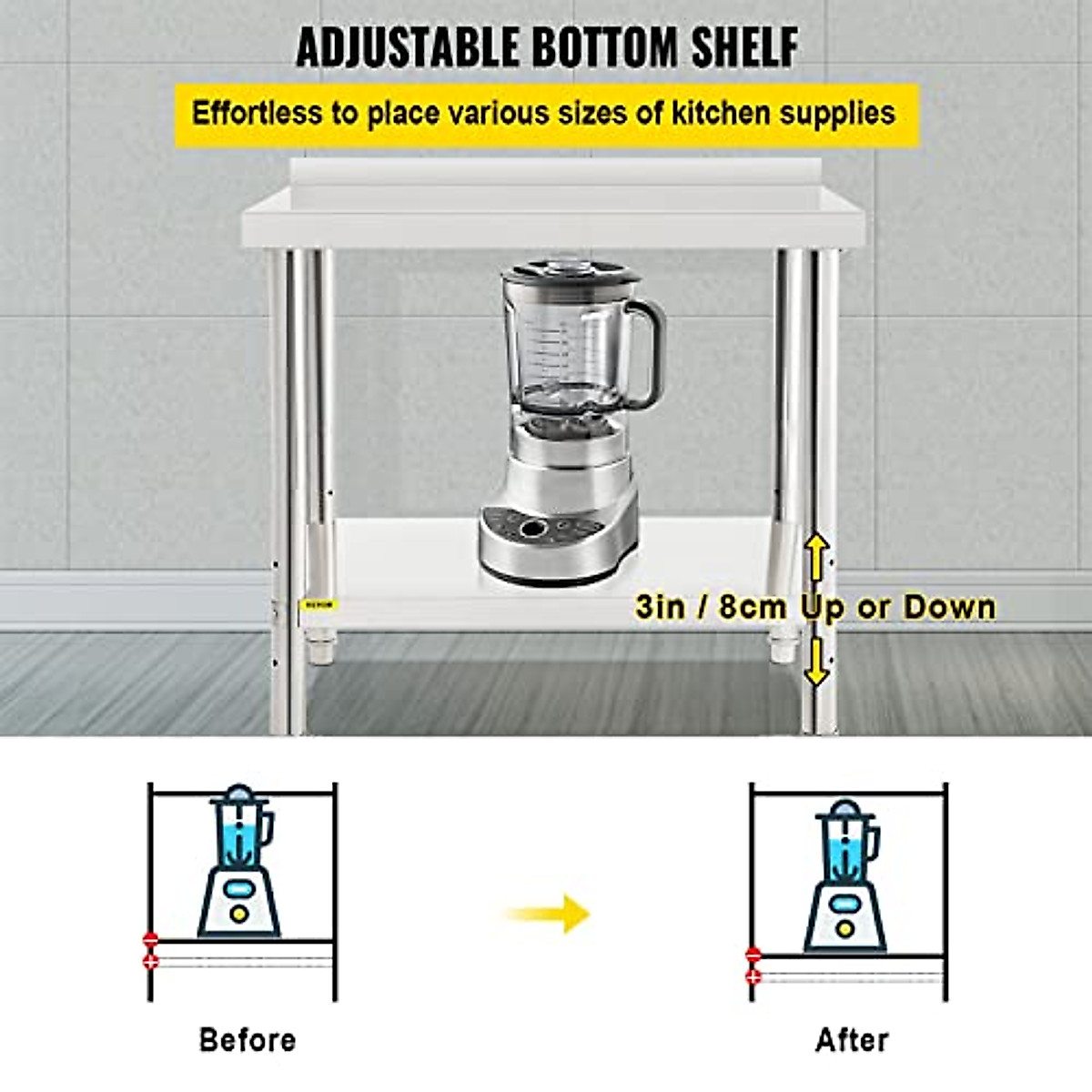 VEVOR Stainless Steel Prep Table, 36 x 24 x 35 Inch, 440lbs Load Capacity Heavy Duty Metal Worktable with Backsplash and Adjustable Undershelf, Commercial Workstation for Kitchen Restaurant