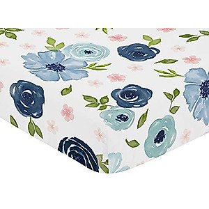 Sweet Jojo Designs Navy Blue and Pink Watercolor Floral Girl Fitted Crib Sheet Baby or Toddler Bed Nursery - Blush, Green and White Shabby Chic Rose Flower