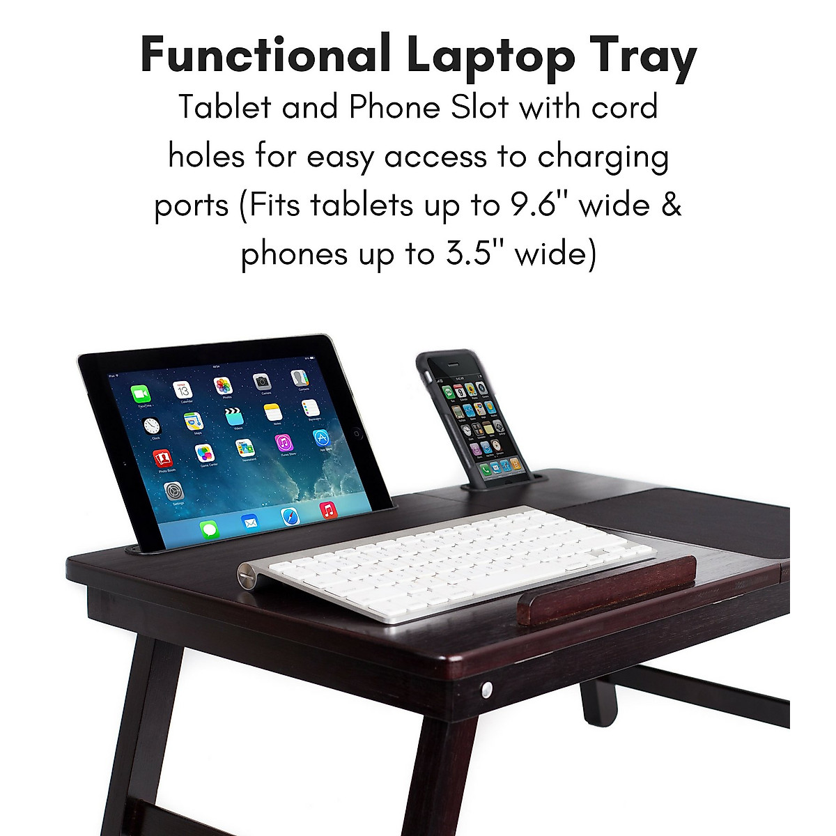 Sofia + Sam Laptop Bed Tray with Storage Drawer and Media Slots | Folding Legs and Mouse Pad | Fits Laptops Up to 15" | Tablets Up to 9.6" | Smart Phones Up to 4" | Espresso | Work from Home Desk