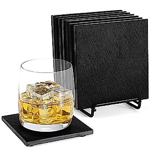 Set of 8 Square Black Slate Coasters with Holder for Coffee Table (4x4 in)