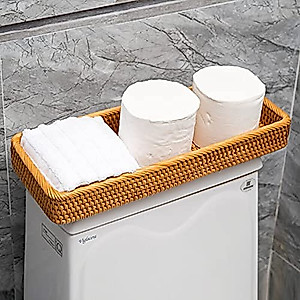 Rectangular long narrow Tray Rattan Tray Toilet Tank Tray Guest Towel Holder Bathroom Tray Basket For Toilet Paper Vanity Tray Wicker Baskets Decorative CLAYNIX (17x6x2 Inches, Natural)