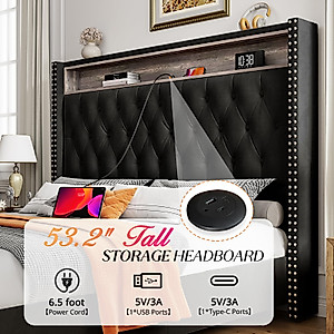 Jocisland Queen Size Bed Frame 53.6'' Tall Headboard LED Lights and Charging Station, Velvet High Upholstered Platform Bed Wingback Storage, No Box Spring Needed, No Motion Light Under Bed, Black