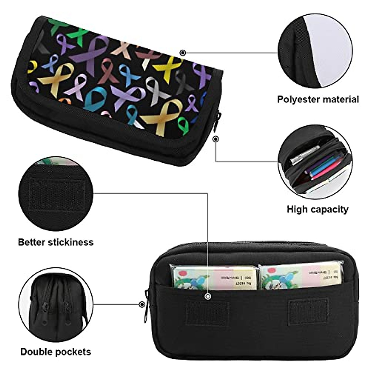 Cancer Awareness Color Ribbons Large Capacity Pencil Case Multi-Slot Pencil Bag Portable Pen Storage Pouch with Zipper