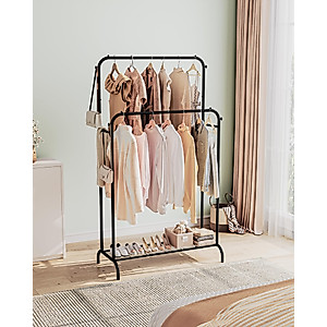 Hzuaneri Clothes Rack, Double Rods Garment Rack with Storage Shelf, Clothing Rack for Hanging Clothes, Metal Frame Clothes Organizer for Bedroom, Living Room, Black GR34099B