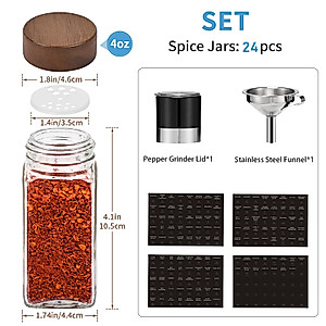 Yangbaga 24Pcs Glass Spice Jars with Labels，4oz Empty Square Spice Bottles with acacia wood lid & Shaker Lids and Silicone Collapsible Funnel Included