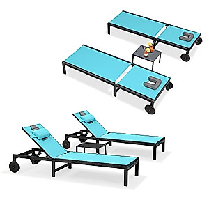 PURPLE LEAF Outdoor Tanning Lounge Chair Set with Face Hole Aluminum Adjustable Chairs Wheels Pillows and Table for Poolside Beach Patio Reclining Sunbathing Lounger Blue