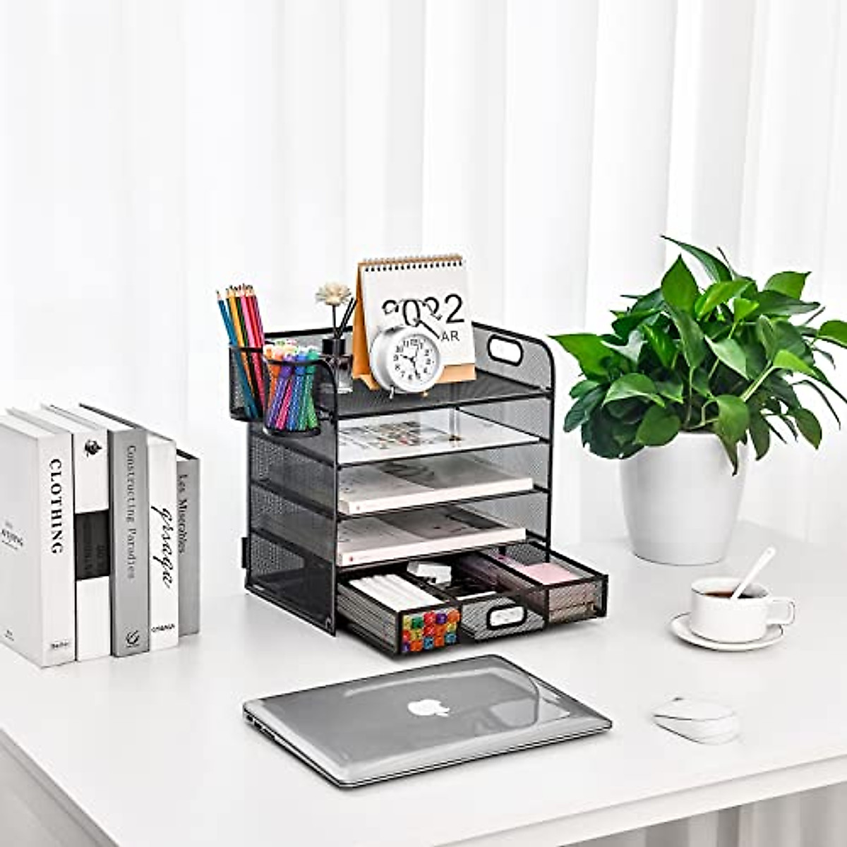 Lavatino 5 Tray Desk Organizer with Drawer, Mesh Paper Letter Tray Organizer with Handle and 2 Pen Holder, Desktop File Organizer and Storage for Letter/A4 Office File Folder