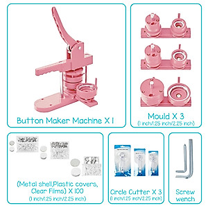 Ganggend Button Maker Machine Multiple Sizes, 1''+1.25''+2.25'' Button Badge Maker Machine Pin Button Press Maker with Button Parts Circle Cutter Accessories(Pink)