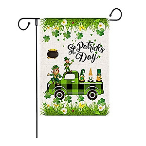 St Patrick's Day Garden Flags, 12.5 x 18 Inch Gnomes Green Buffalo Plaid Truck Garden Flag Vertical Double Sized Spring Holiday Burlap Flag for House Yard Outdoor Decor
