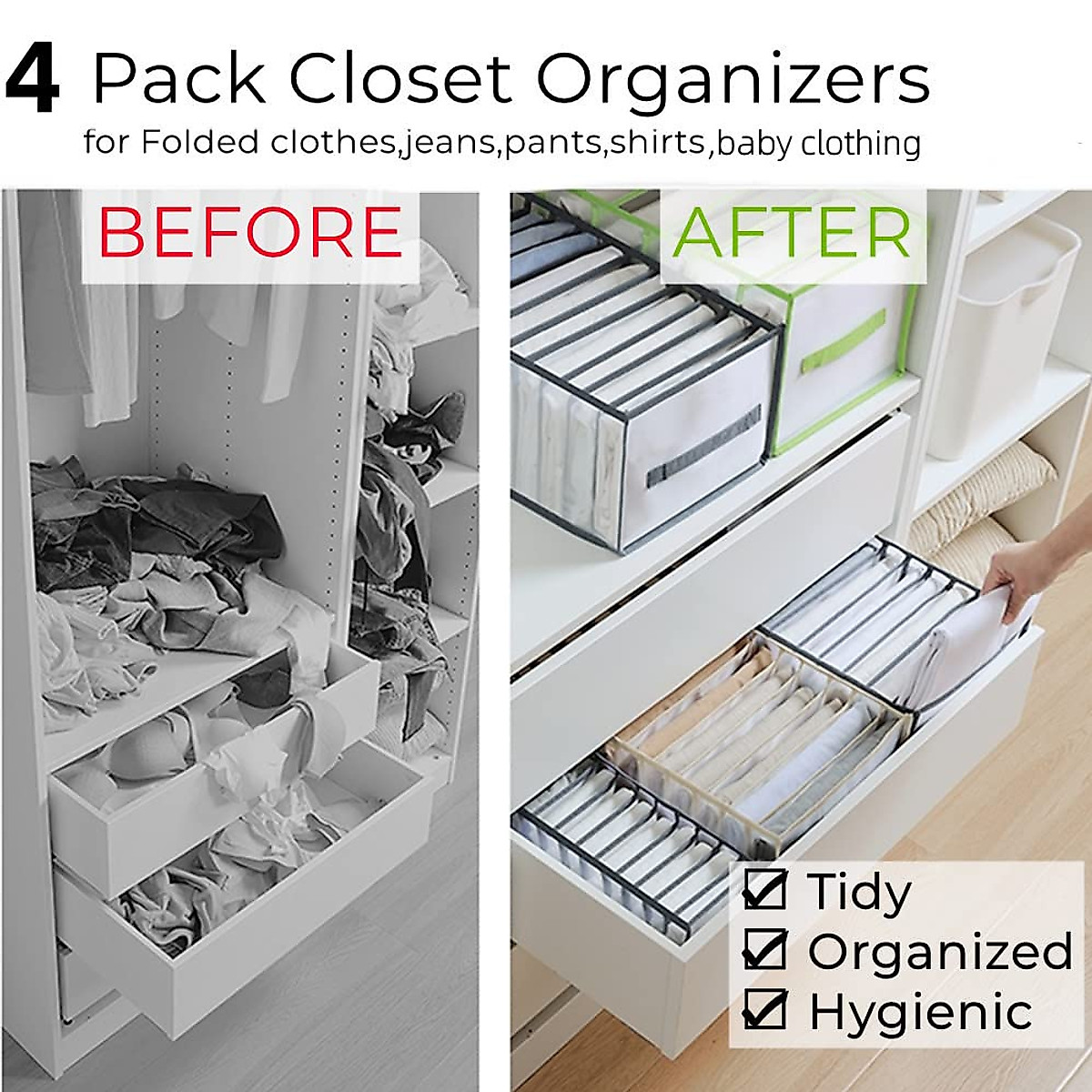 4PCS Extra Large 7 Compartments Wardrobe Clothes Organizer,Closet Organizers for Jeans,Pant,Sweater for Clothing,Clothes Drawer Organizer Dividers for Folded Clothes