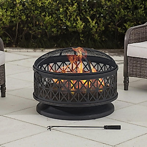 Sunjoy 30 in. Outdoor Fire Pit, Patio Black Round Wood-Burning Steel Firepit Large Fire Pits for Outside with Spark Screen and Fire Poker